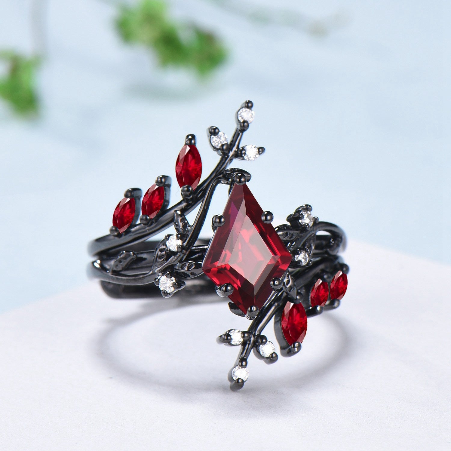 Nature inspired Kite cut ruby ring set black gold leaf gothic engageme ...