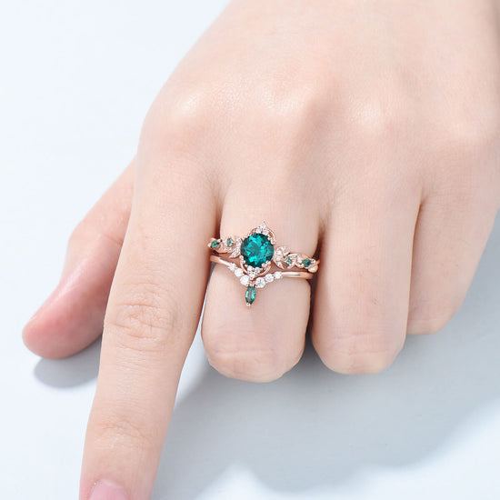Vintage Emerald Engagement Ring Set Unique Leaves Nature Inspired Emer ...