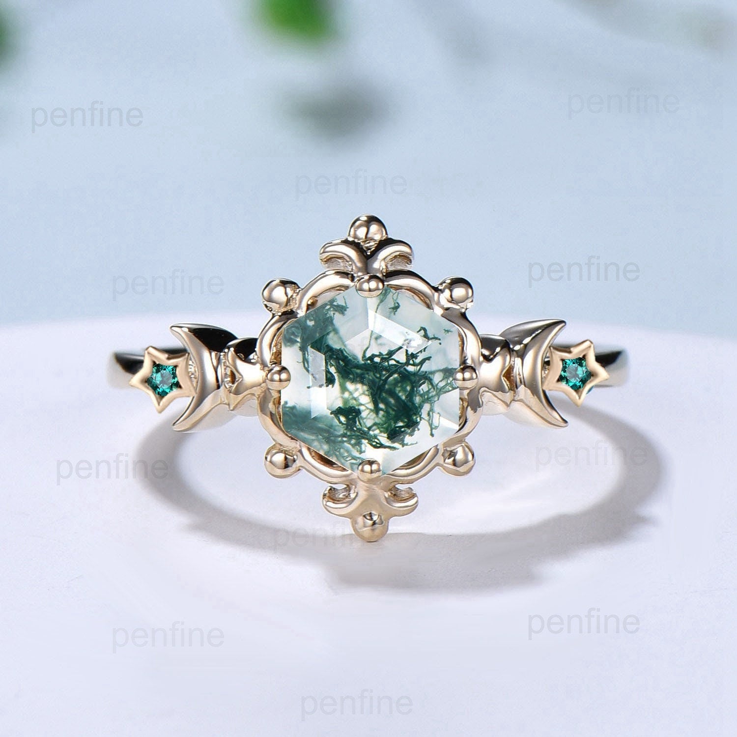 Unique Crescent Moon Moss Agate Engagement Ring Nature Inspired Floral ...