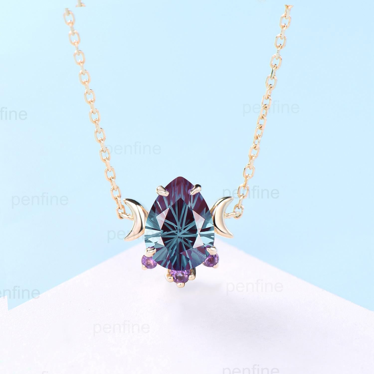 Teardrop Fireworks Cut Alexandrite Pendant Necklace, Cluster Amethyst ...