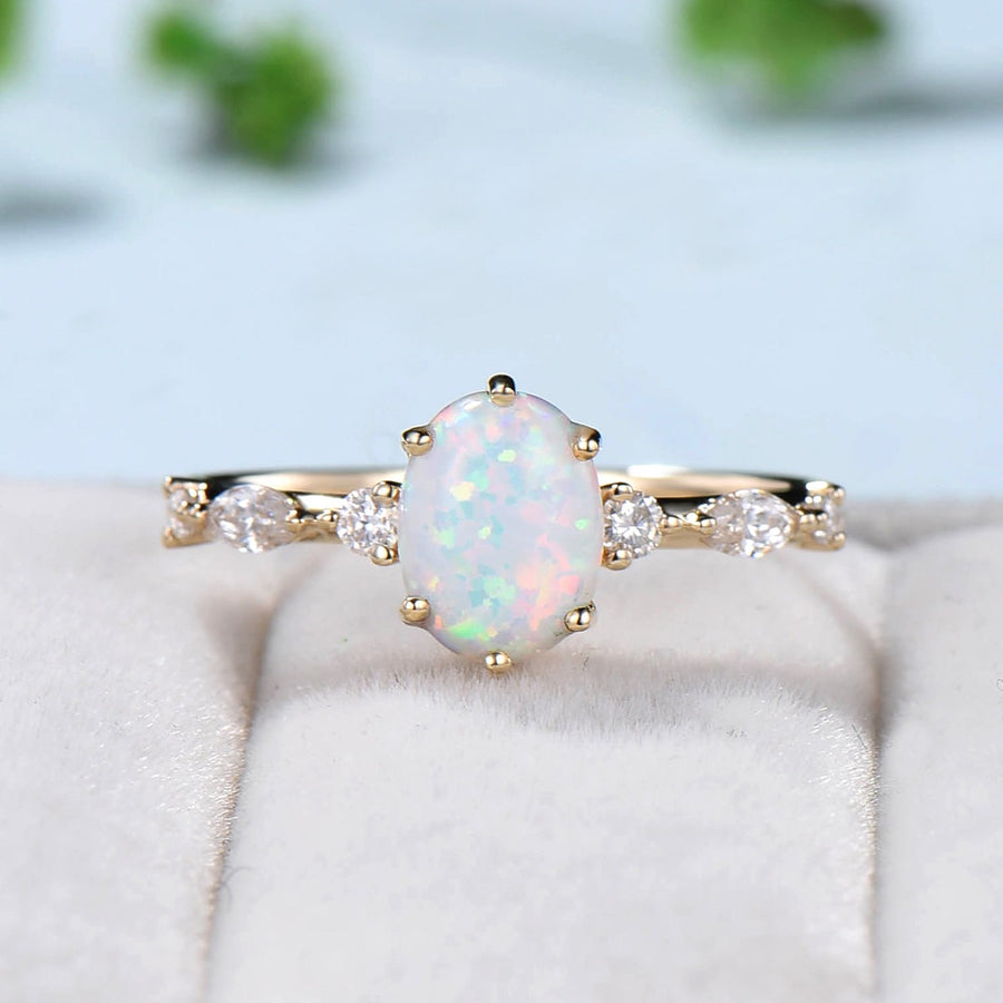 White opal engagement ring set Oval cut fire opal wedding rings women ...