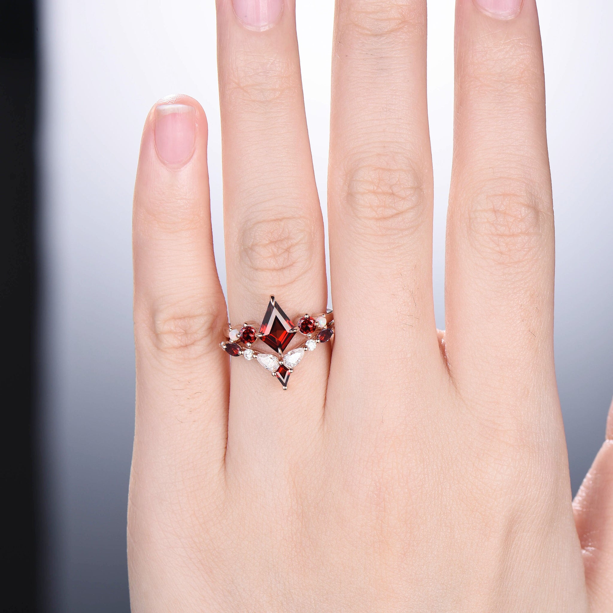 Vintage Kite Cut Garnet Ring Unique Five Stone Red Garnet Engagement R – PENFINE